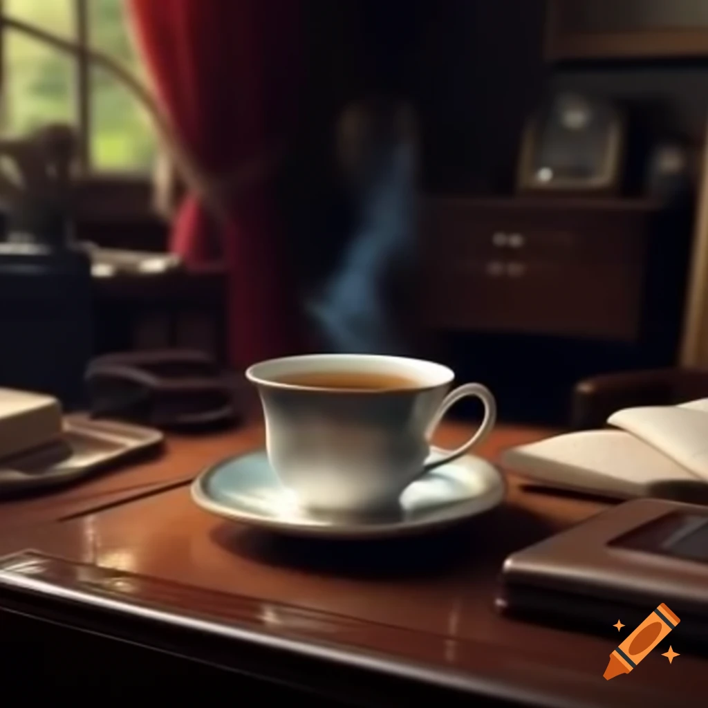 Half drunk tea in elegant china cup on manor house study desk on Craiyon