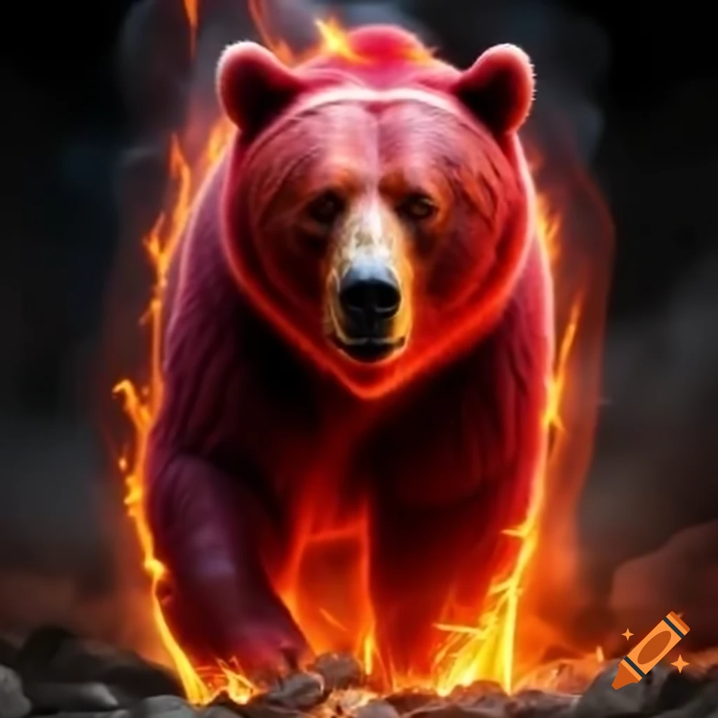 Bear in red tint engulfed in flames with lightning backdrop on Craiyon