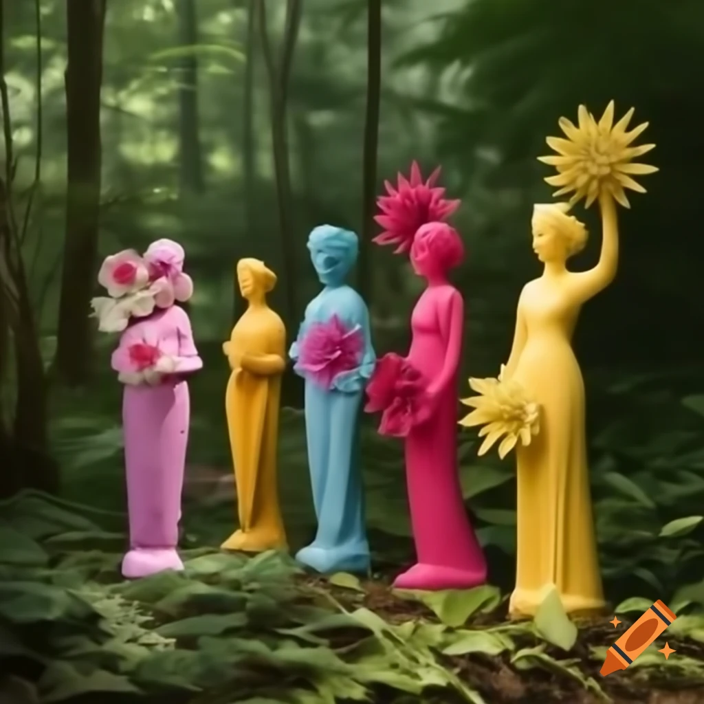 Vibrant colorful statues of women with flowers in a forest setting on ...
