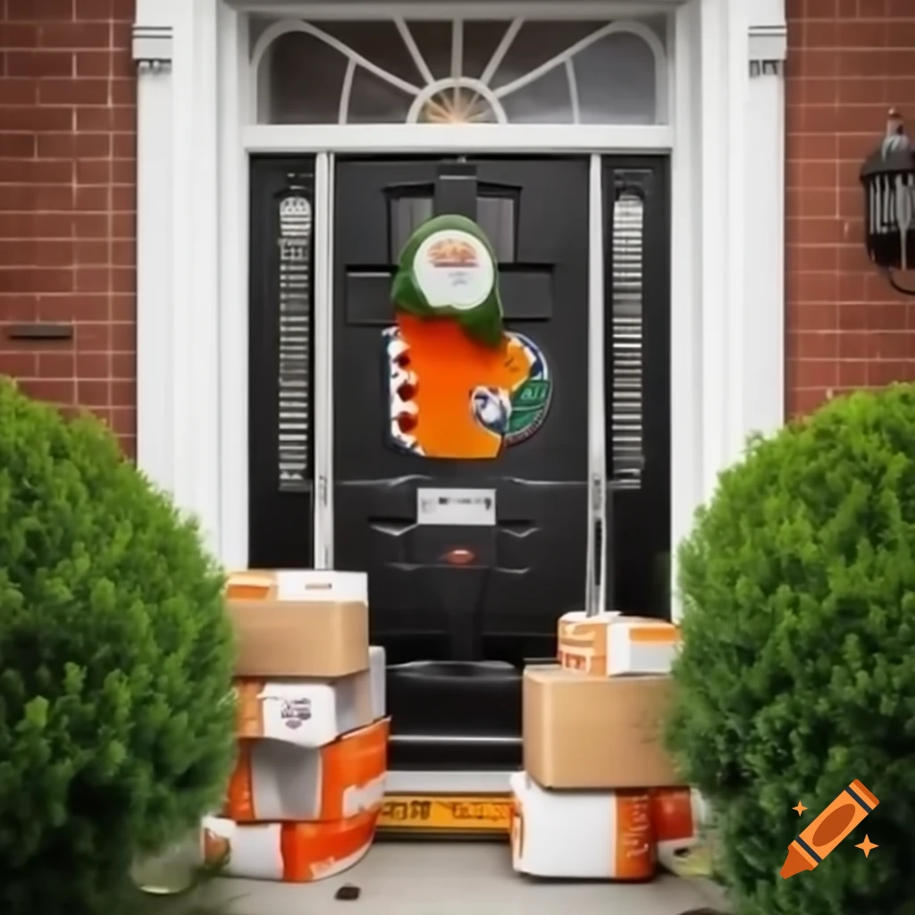 Front door with flyers and packages, overgrown shrubs, and broken light ...