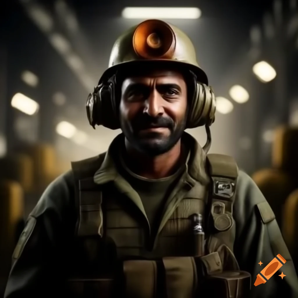 Determined factory worker in military-style attire on Craiyon