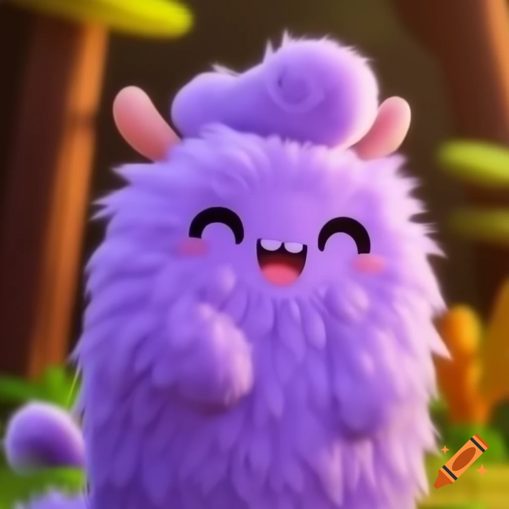 Cute happy purplish mystical furry animated character on Craiyon
