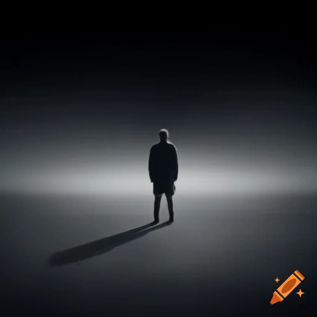 Person standing alone in vast empty space, grayscale and surreal with ...