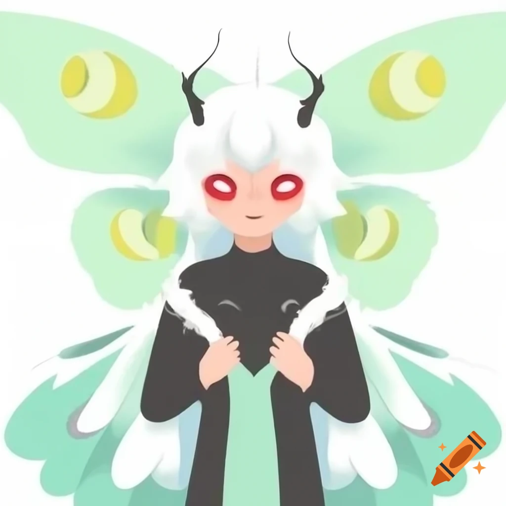 Androgynous anime boy with white hair and luna moth wings in nun attire ...