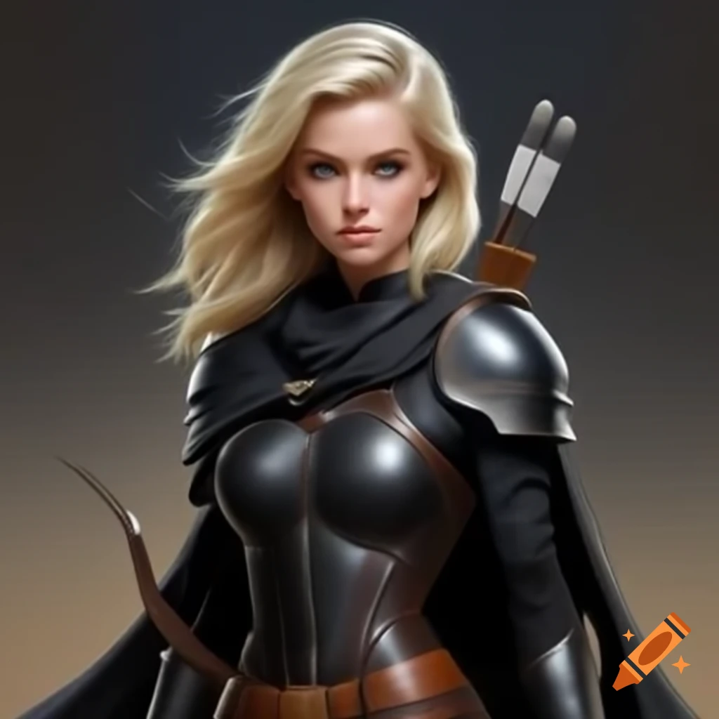 Cute blonde archer in black leather armor and cape on Craiyon