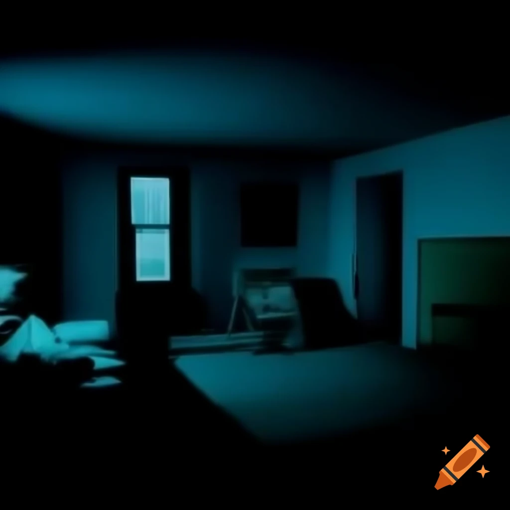 Dark apartment living room with faint furniture outlines and cinematic shadows on Craiyon