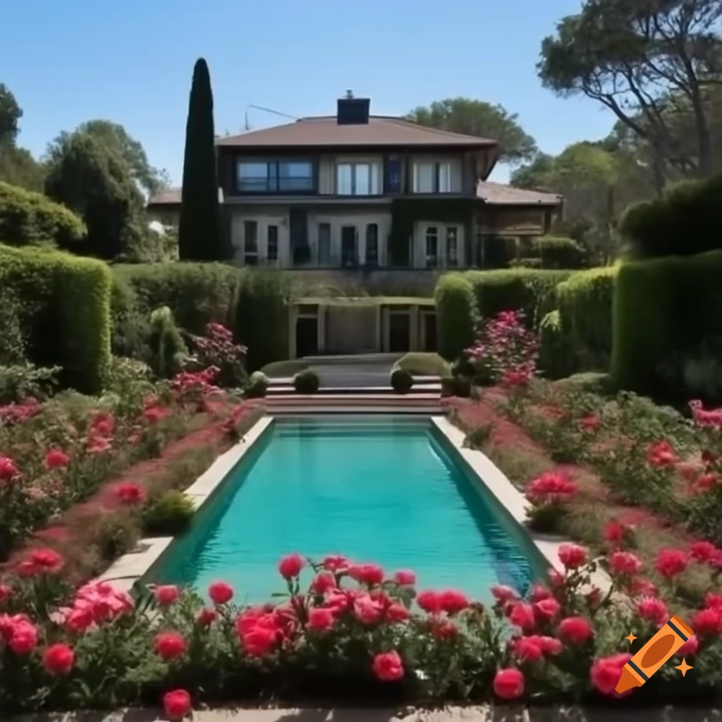 Beautiful garden with roses, swimming pool, and modern villa on Craiyon