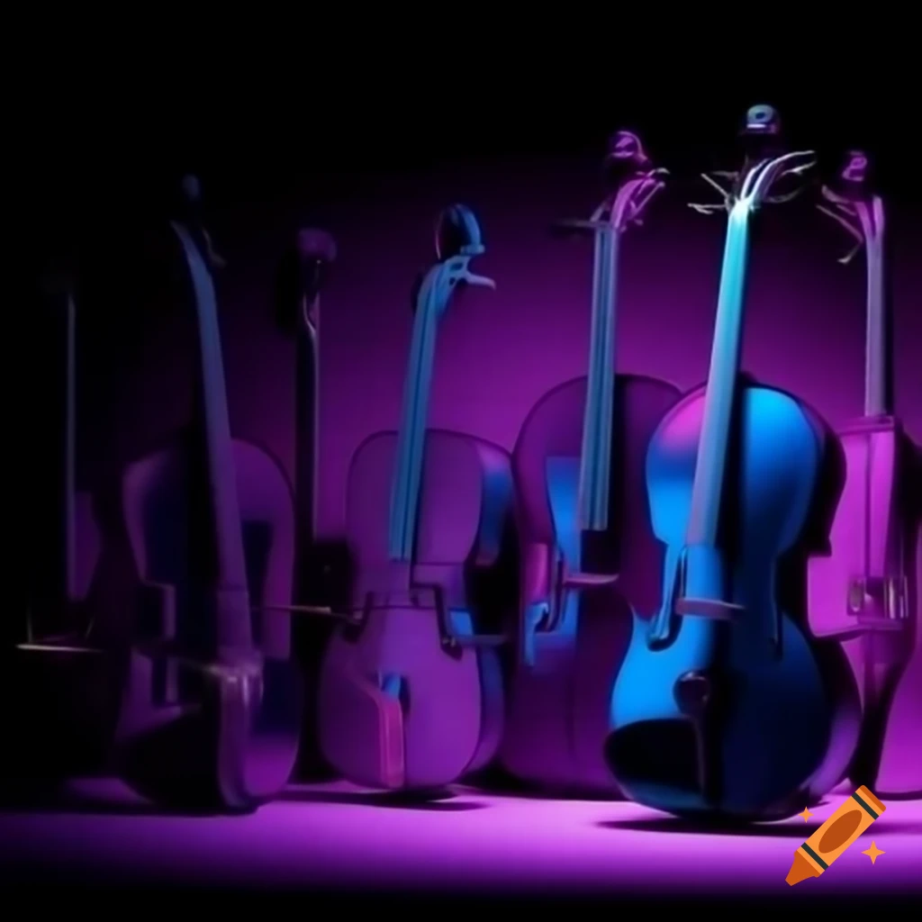 Monochrome display of orchestral string instruments with purple and ...