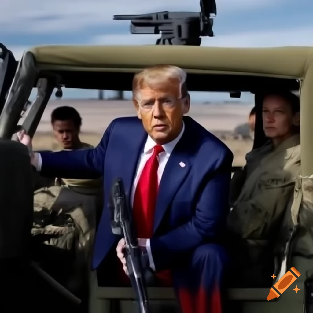 Donald Trump driving military Jeep on battlefield holding a gun on Craiyon