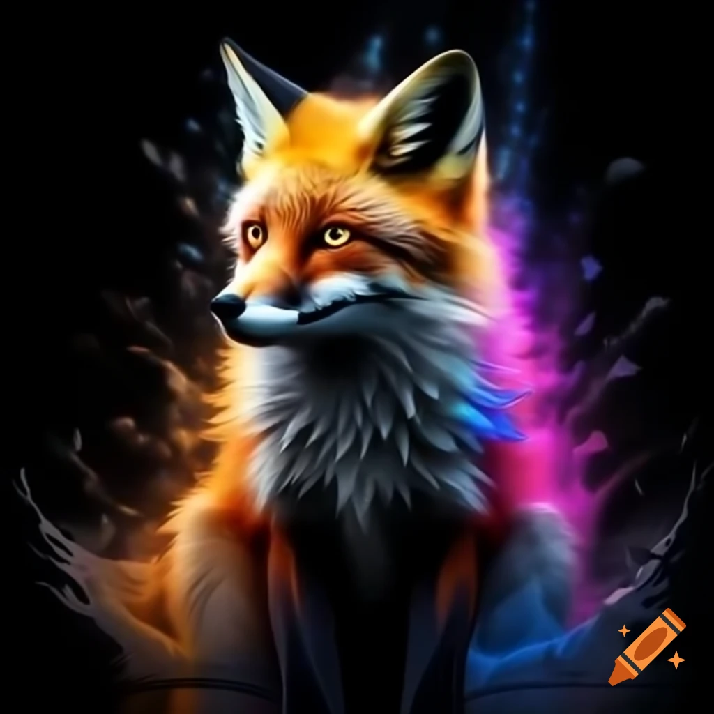 Brightly colored fox with vivid cosmic colors against dark background ...