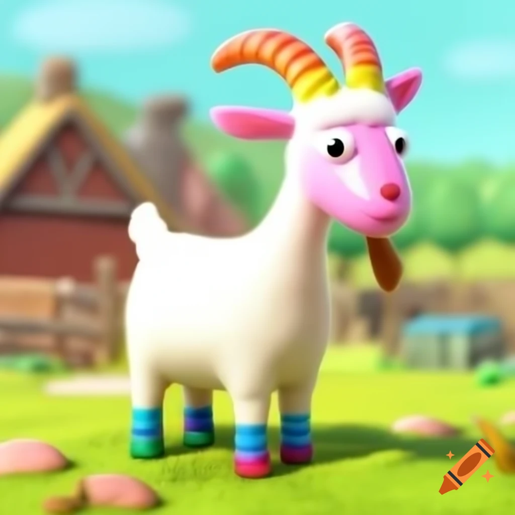 Cartoon goat with rainbow wig in village field, childlike and funny ...
