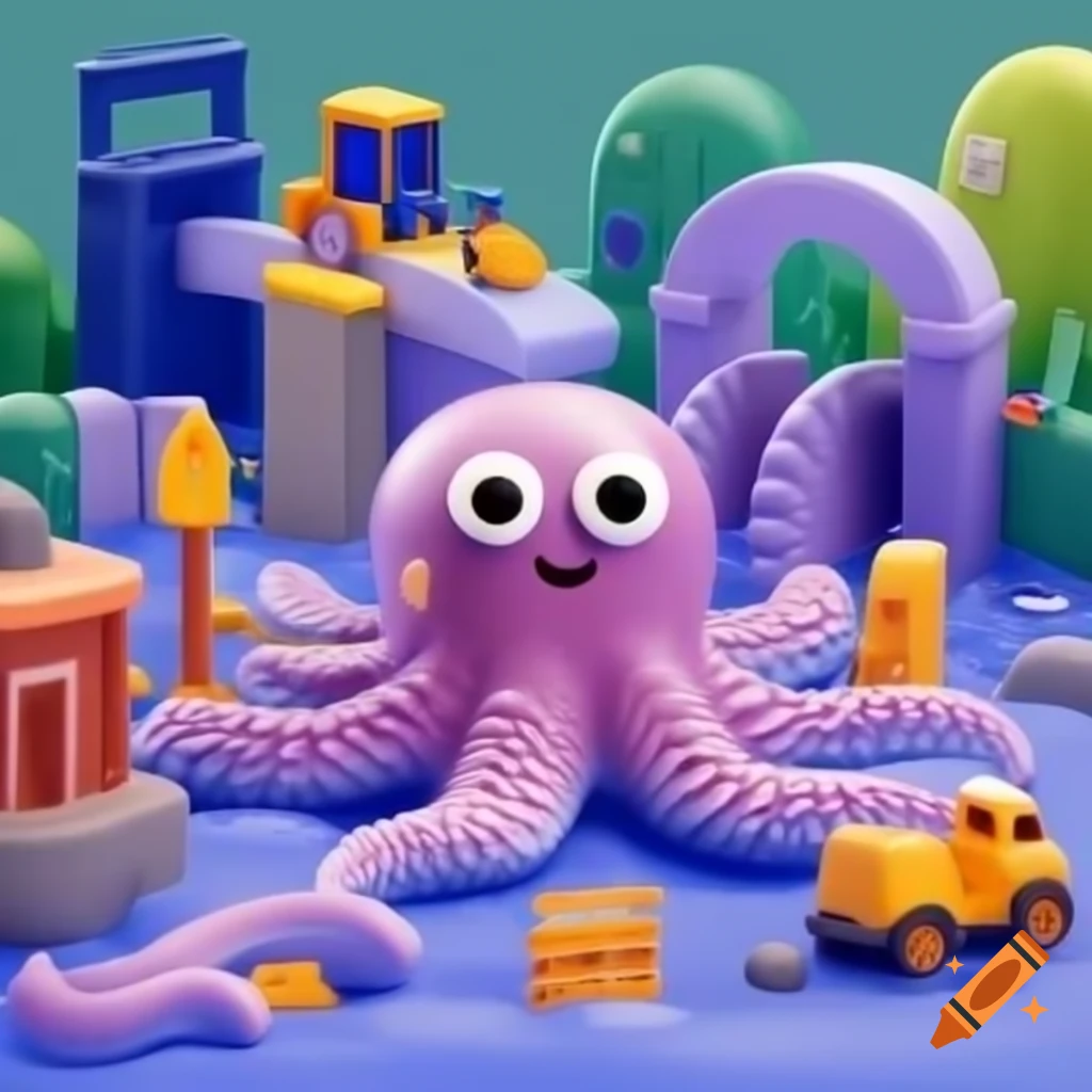 Cute octopus interacting with miniature buildings and bridges on Craiyon