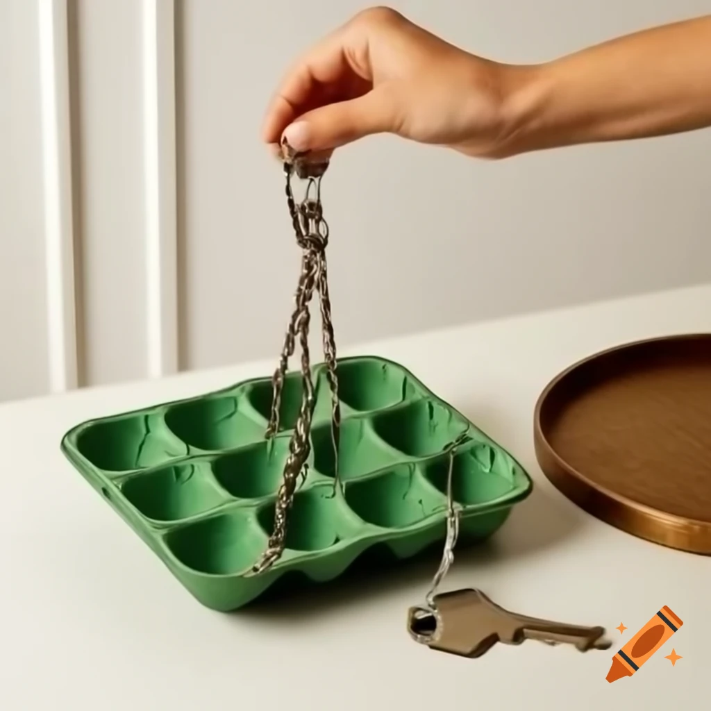 Green egg tray secured with iron chain and padlock, large bunch of keys ...