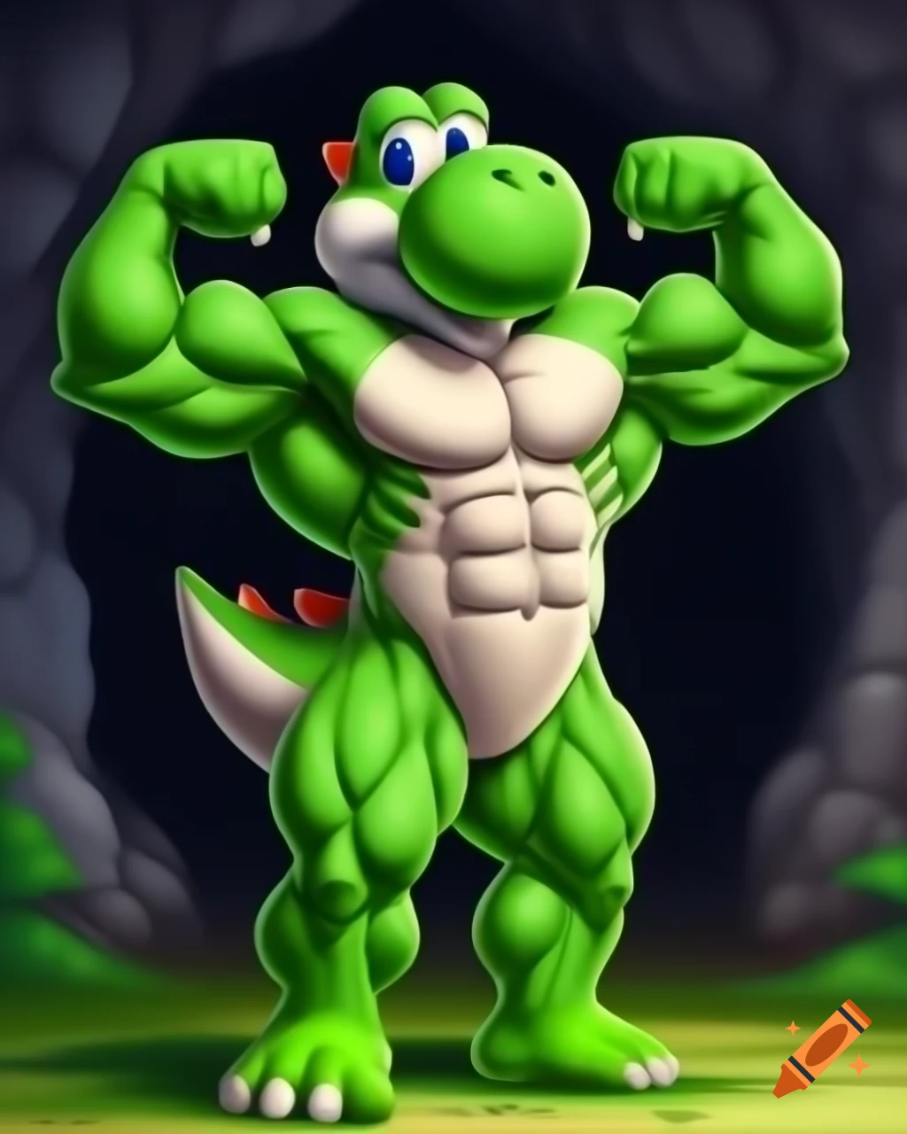 Muscular green Yoshi flexing biceps outside of a cave in digital art on ...