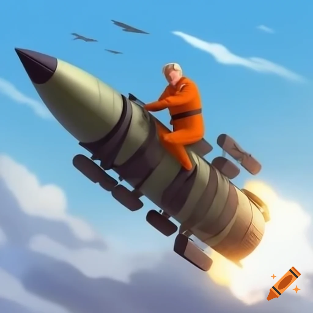 Caricature of President Trump in orange prison jumpsuit riding missile ...
