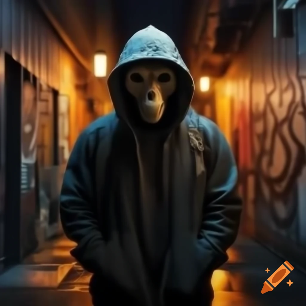 Mysterious man in hoodie in dark Detroit alley with graffiti and ...