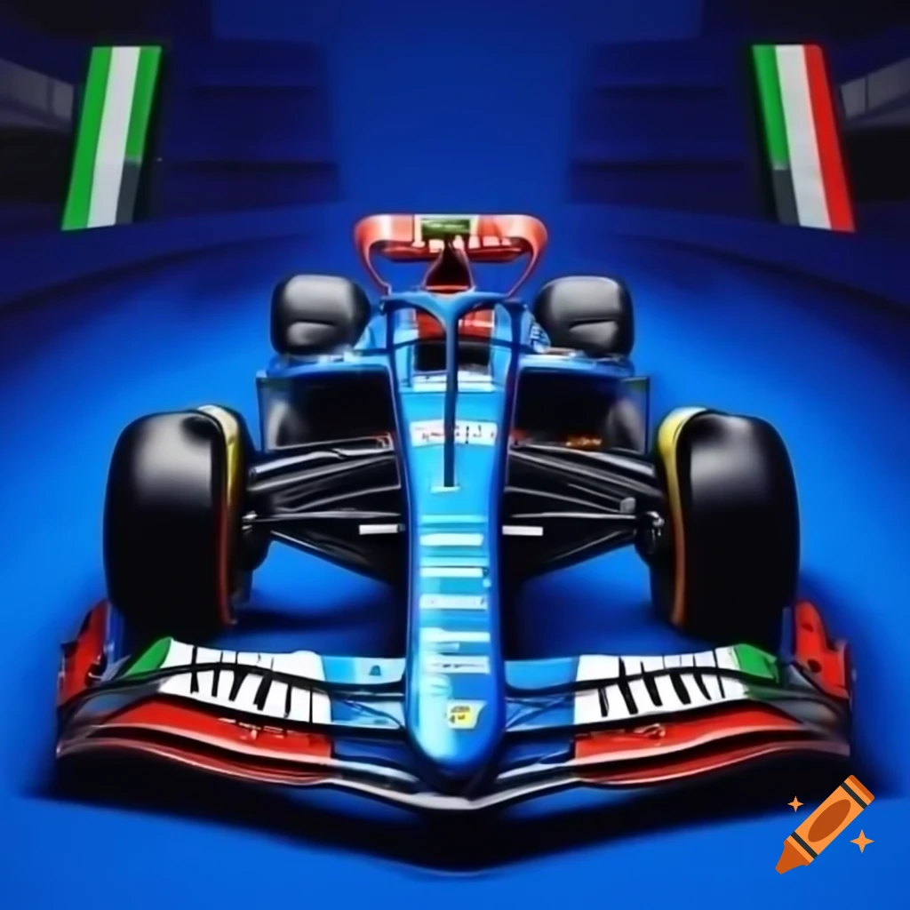 Vibrant blue Formula 1 race car with Italian flag emblems on Craiyon