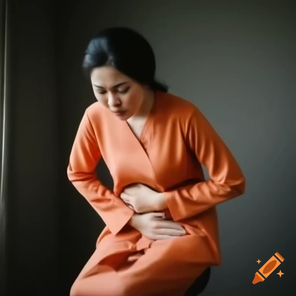 Woman in baju kurung experiencing stomach pain and crying on Craiyon