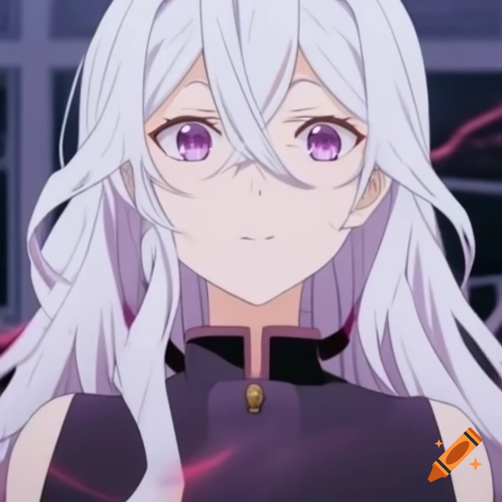 Anime character with shoulder-length hair surrounded by a vibrant scene ...