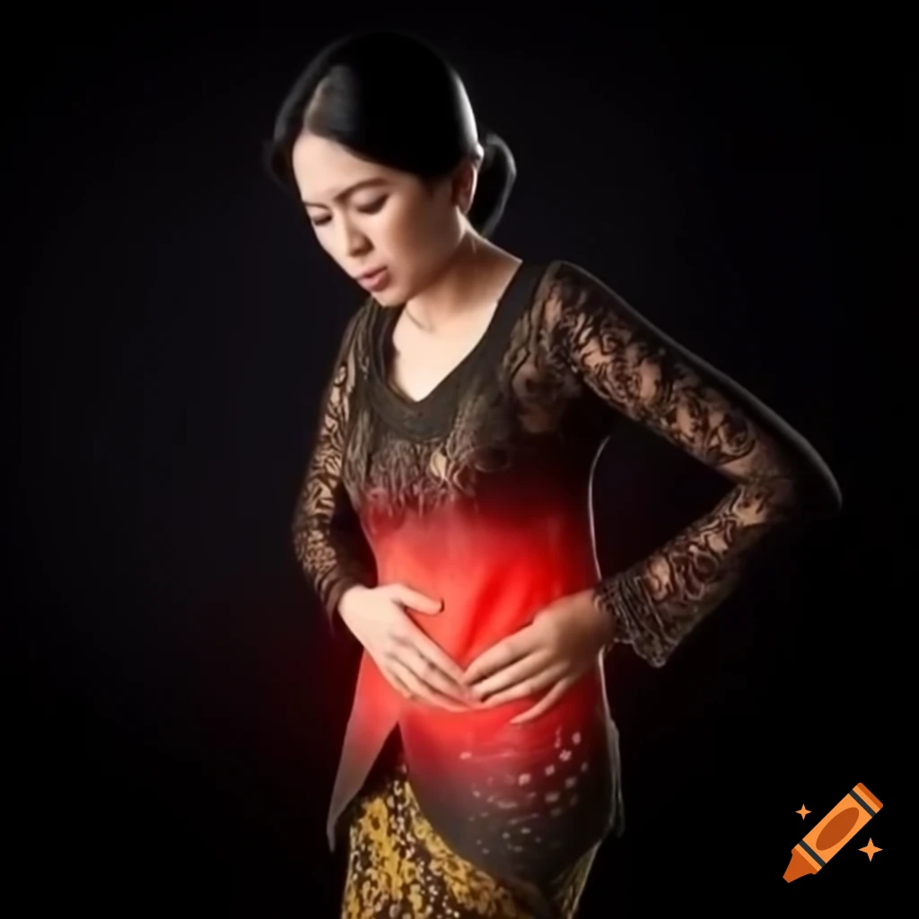 Woman in traditional kebaya experiencing stomach pain on Craiyon