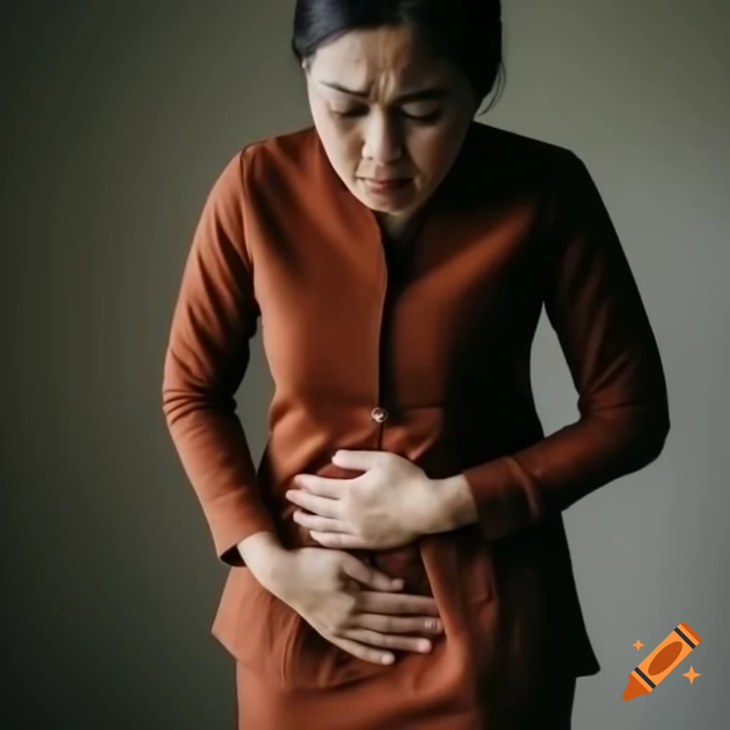 Person in baju kurung experiencing stomach pain and crying on Craiyon