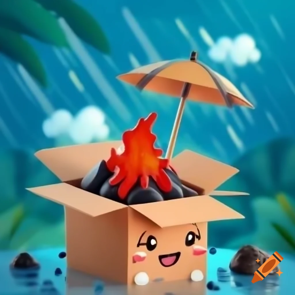 Sentient cardboard box with lava and umbrella in rain in Hawaii on Craiyon
