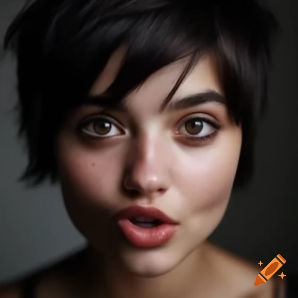 Cute brunette woman with round face and messy short hair on Craiyon