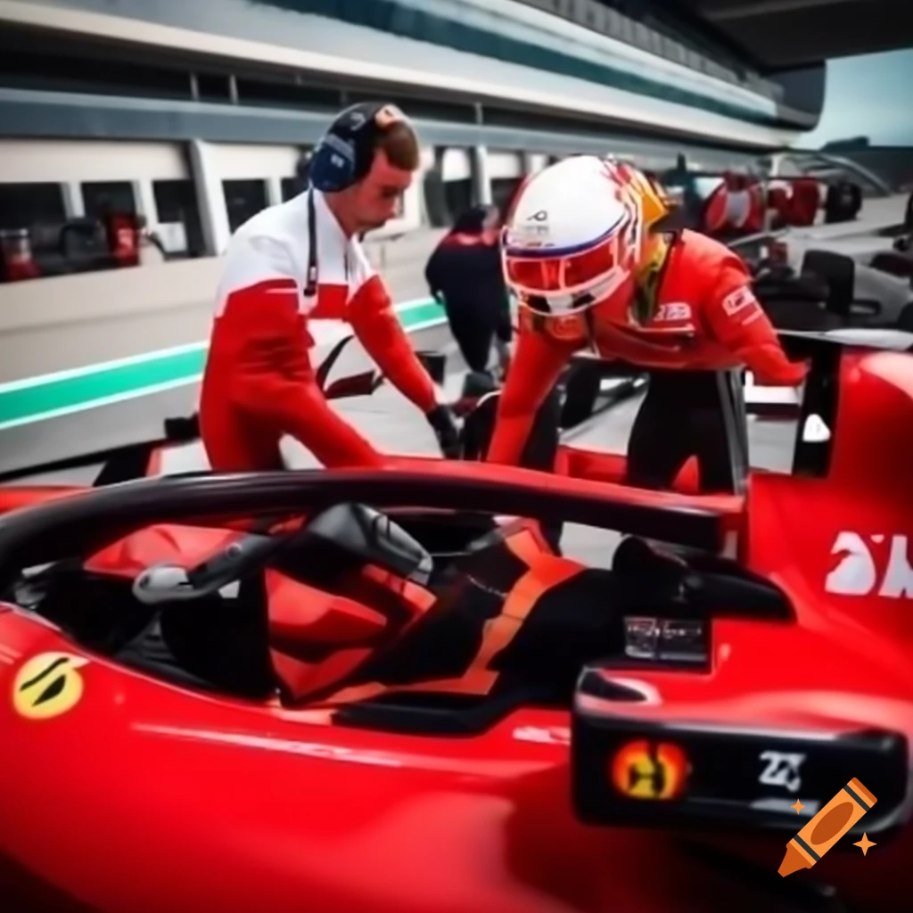 Engineer communicating race strategy to F1 driver in Ferrari on Craiyon