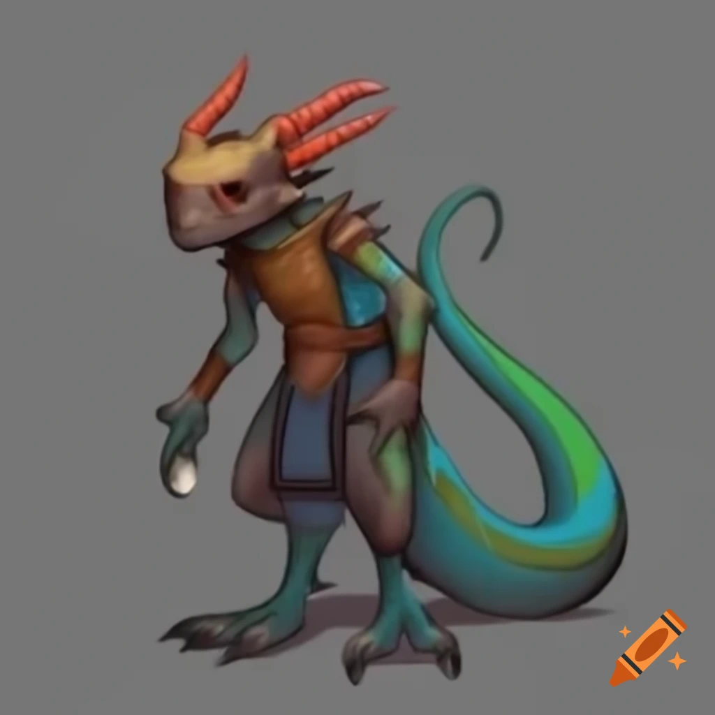 Fantasy creature concept sketch of tribal kobold with axolotl-like head ...
