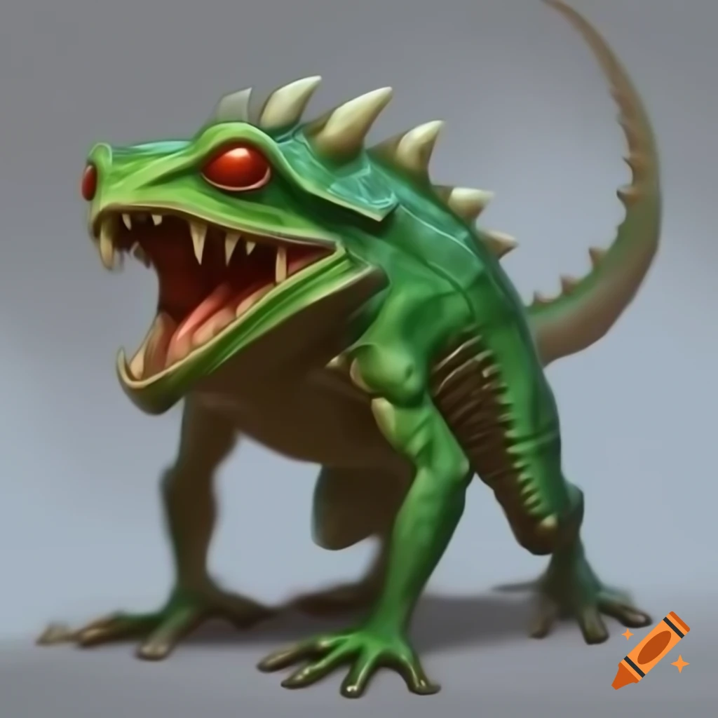 Giant frog-dragon hybrid concept sketch with sharp teeth, color drawing on Craiyon