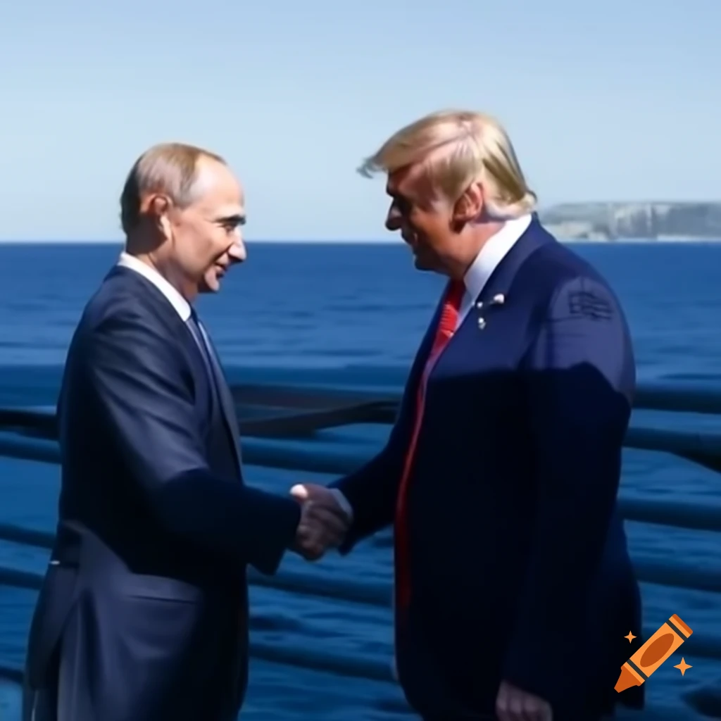 Donald Trump and Vladimir Putin shaking hands in the ocean on Craiyon