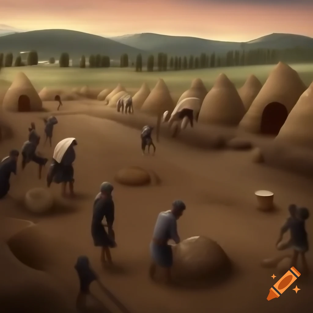 Historical scene of Neolithic Revolution with early humans ...