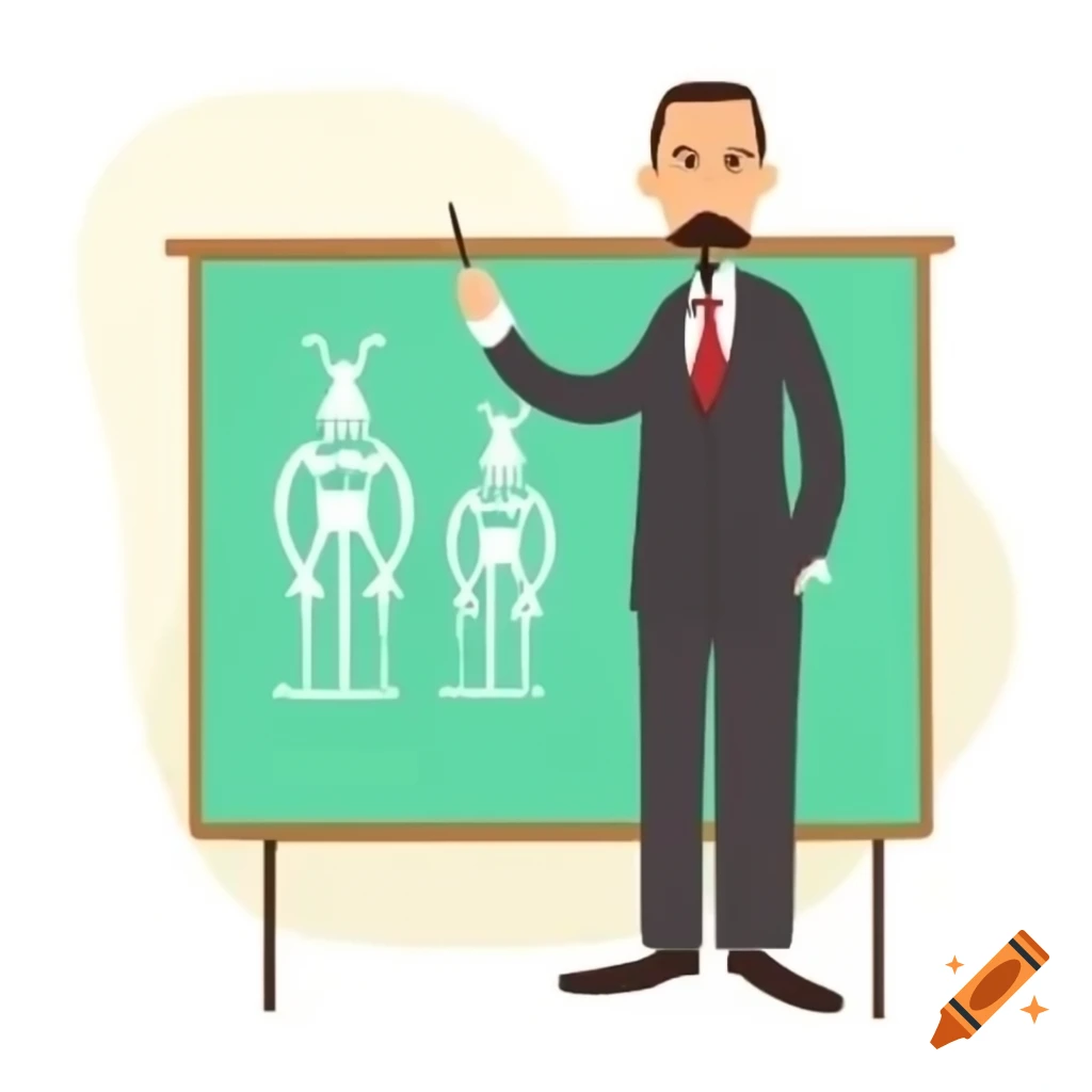 Karel Capek in 1920s suit presenting chalk drawing of robot in ...