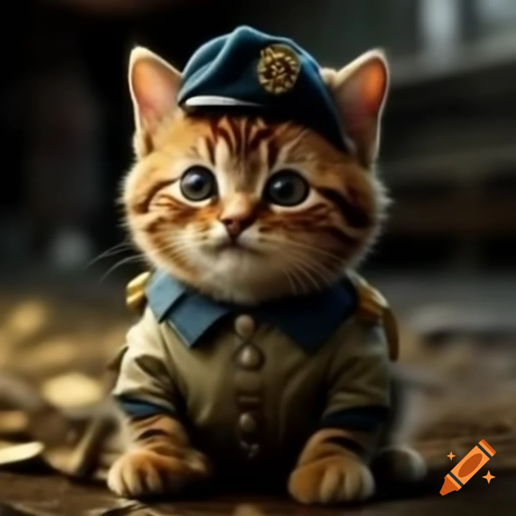 Cute baby cat in World War 2 uniform meme for memecoin on Craiyon
