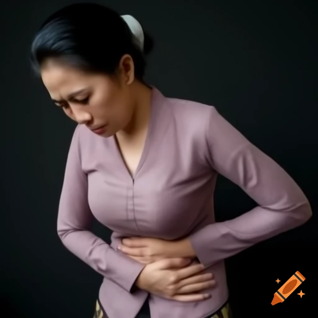 Woman in kebaya experiencing stomach discomfort on Craiyon