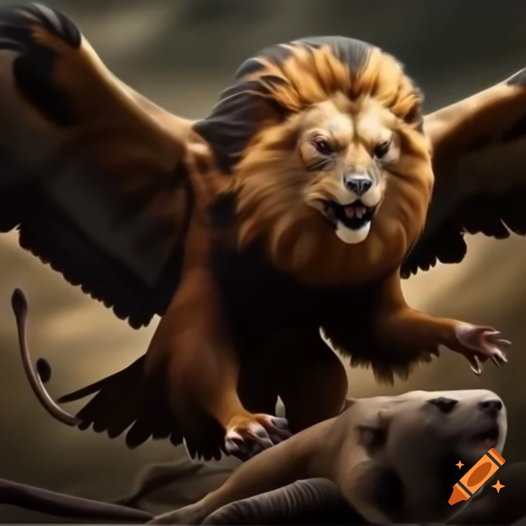 Mythological Dal lion hunting large mouse, showcasing unique animal ...