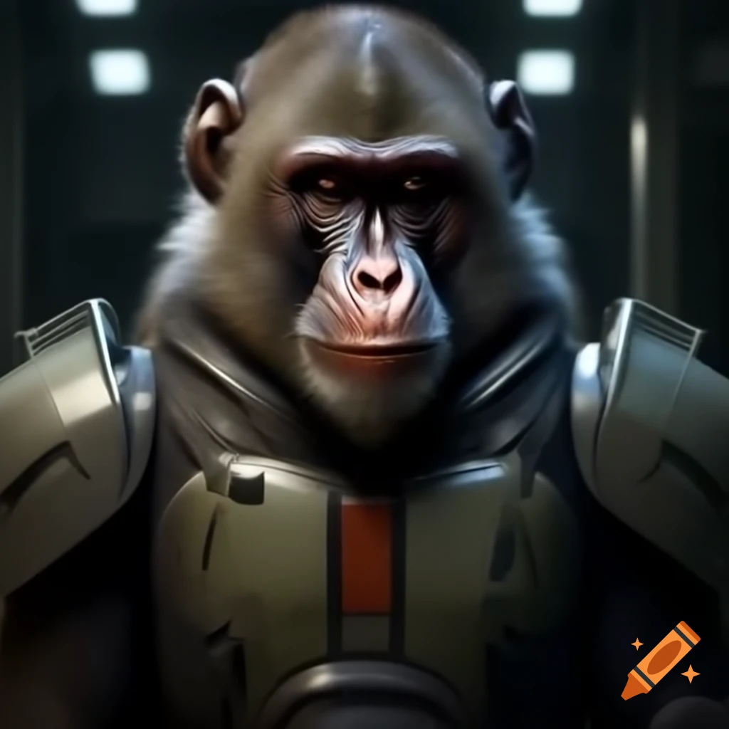 Humanoid baboon character as a sci-fi captain on Craiyon