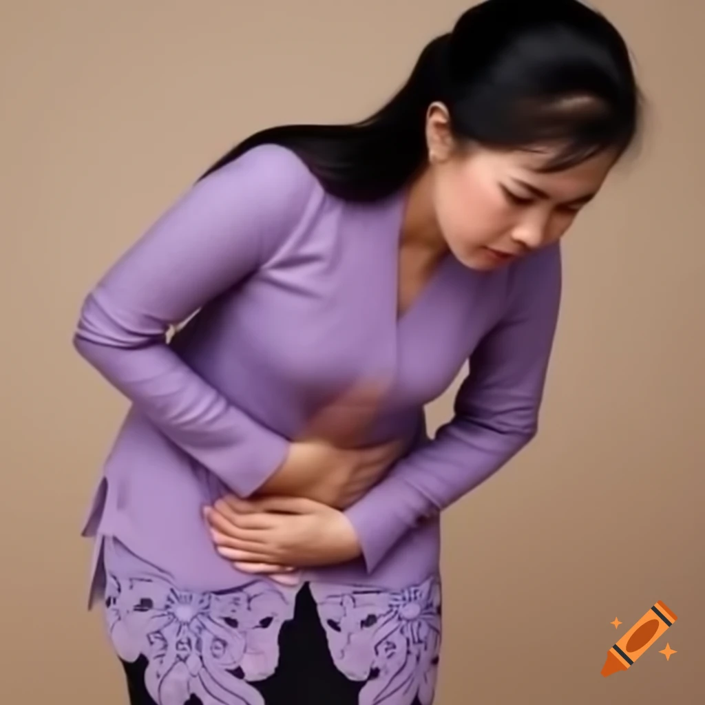 Woman in baju kebaya experiencing stomach pain and crying on Craiyon