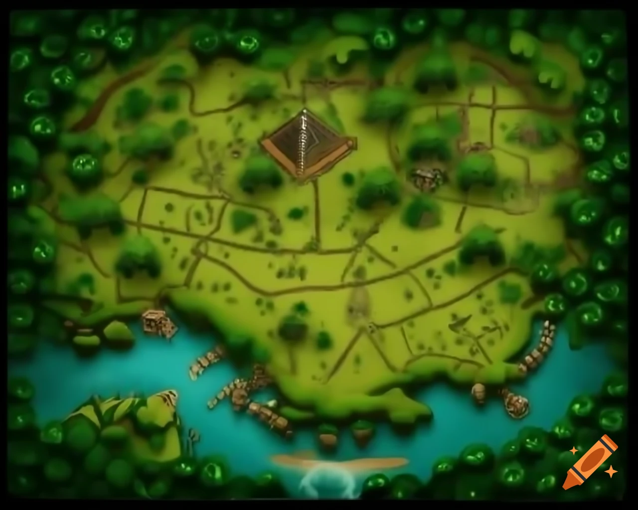 Deep jungle map featuring paths, river, village, and Mayan pyramid on ...