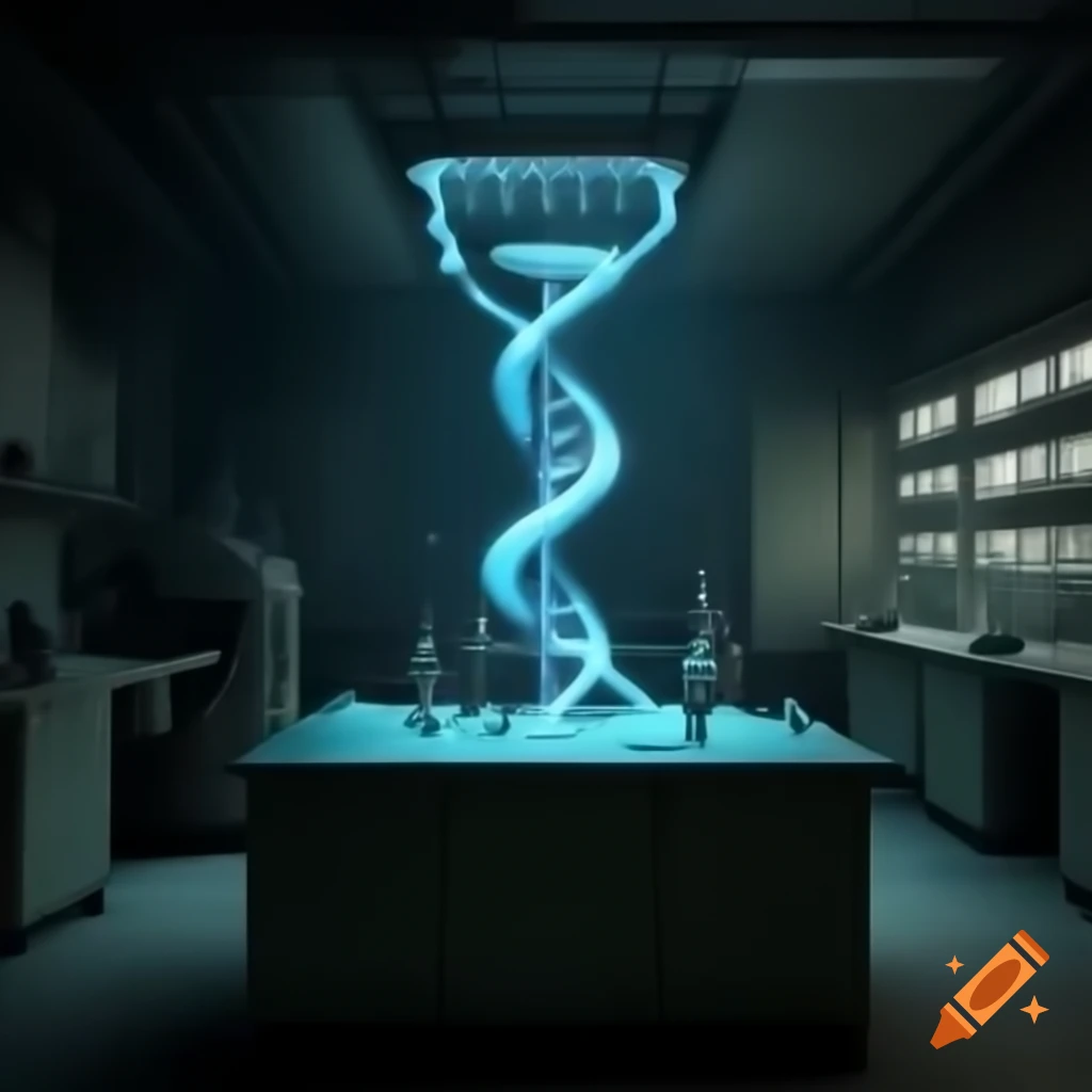 Dark laboratory featuring bright cyan DNA strand hologram on pedestal ...