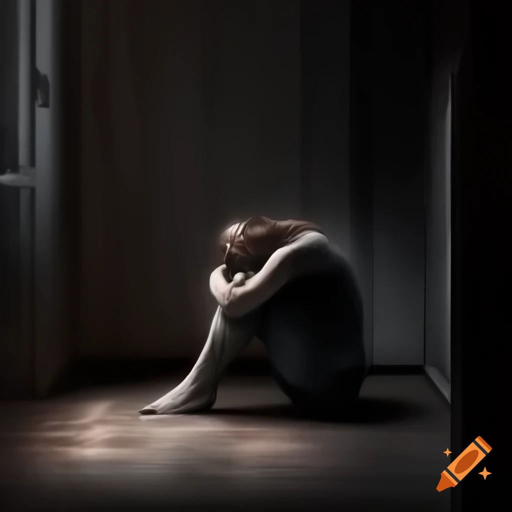 Emotionally drained woman sitting alone on floor in dimly lit room on ...