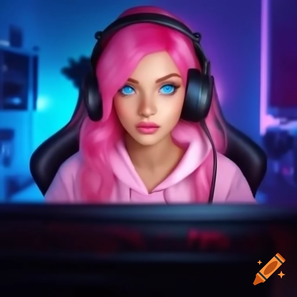 Female gamer with pink hair and blue eyes in front of computer setup on ...