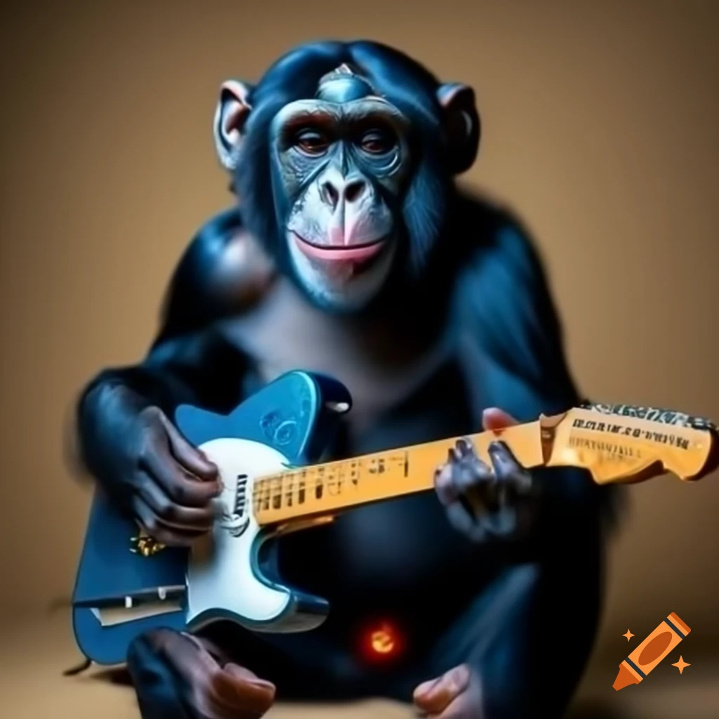 Hairy ape playing blue sparkle Telecaster, smiling at camera on Craiyon