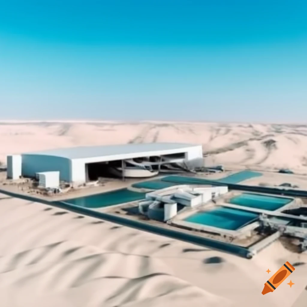 Yacht factory in desert with dunes, blue sky, hangar, and pool on Craiyon