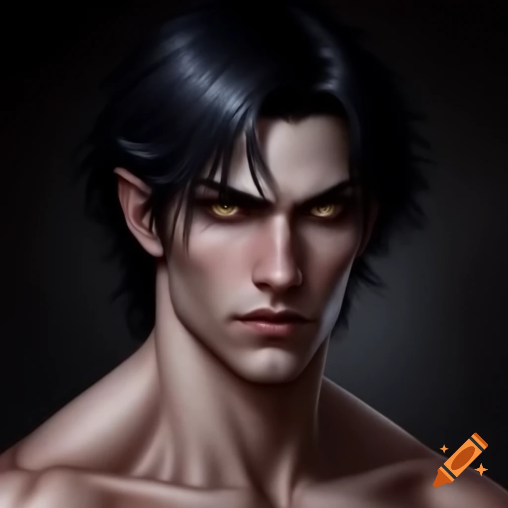 Portrait of a tall, muscular pale vampire with black hair and dark brown eyes on Craiyon