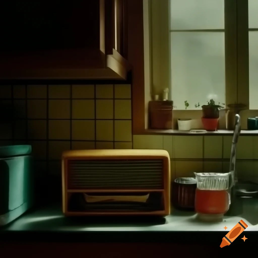 Vintage kitchen featuring a retro radio on Craiyon