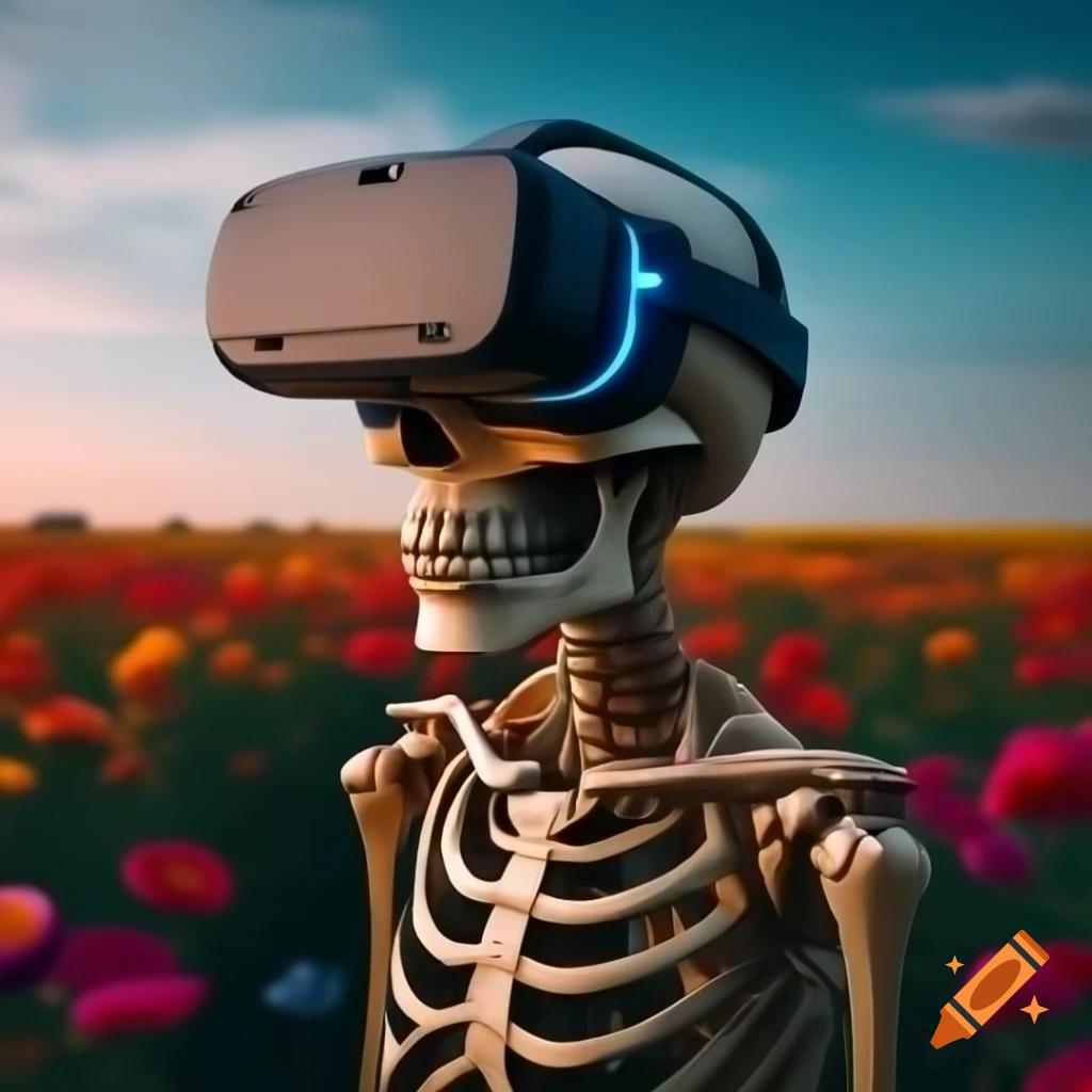 Skeleton with VR glasses on farm background filled with colorful ...