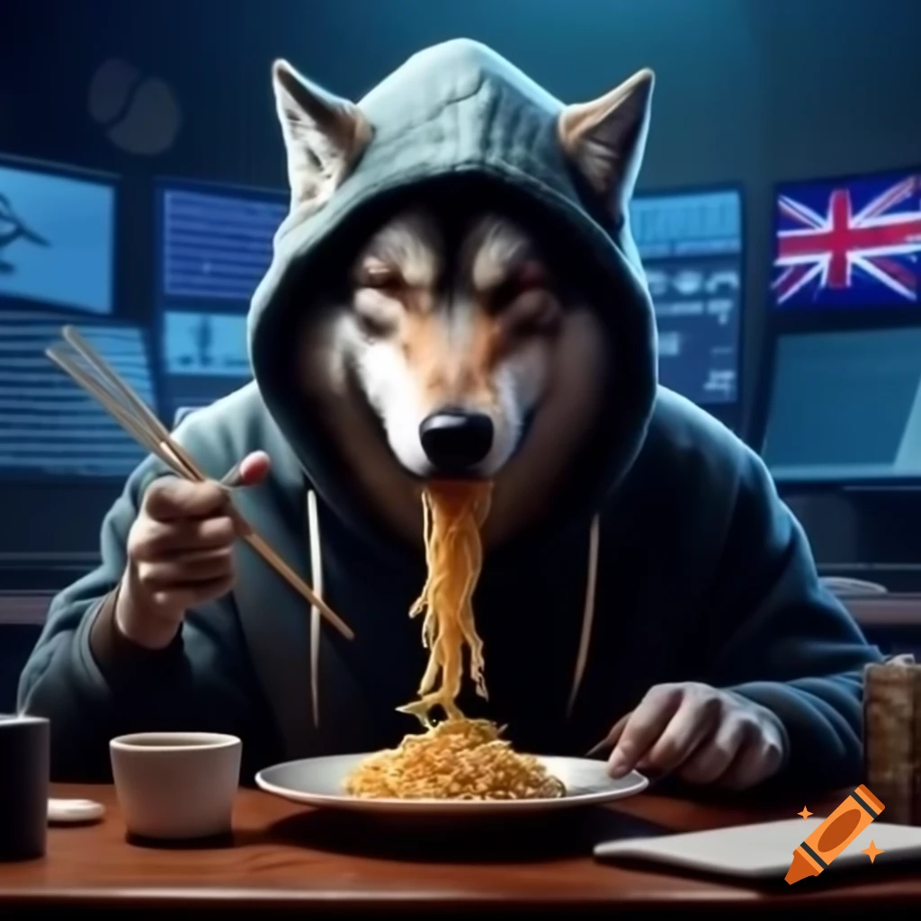 Arctic wolf themed as cybersecurity hacker, eating spaghetti with ...