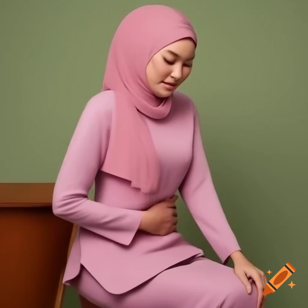 Woman in baju kurung with a belt holding her stomach in pain, crying on ...