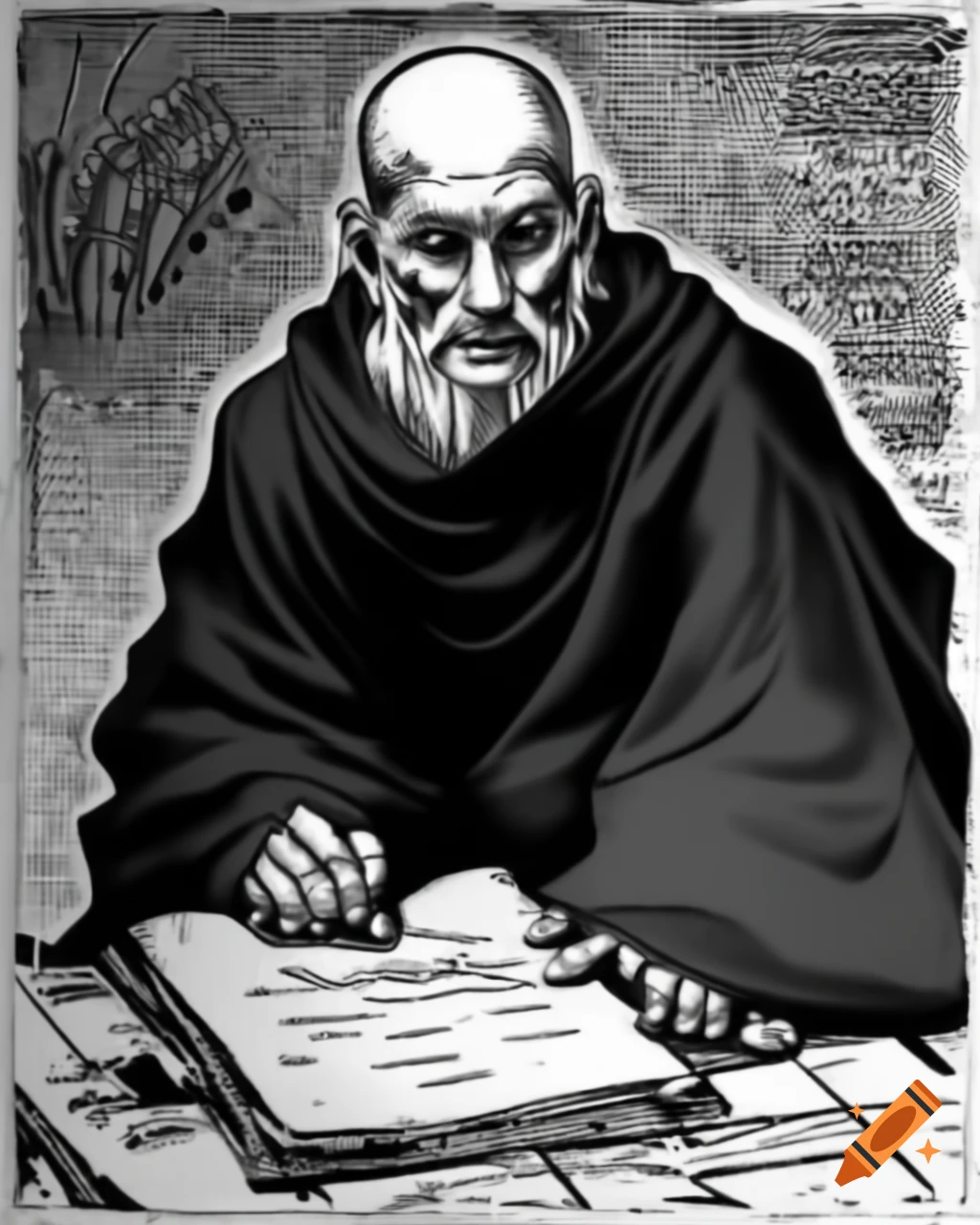 Old monk in cassock writing on parchment, manga style on Craiyon